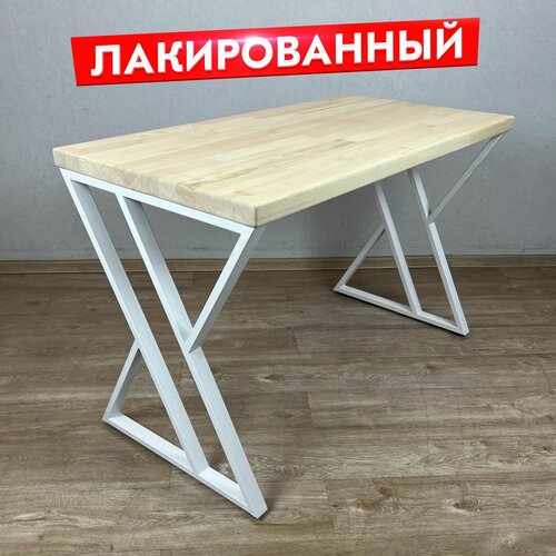 Стол кухонный Loft с лакированной столешницей из массива сосны 40 мм и белыми металлическими Z-образными ножками, 130х60х75 см