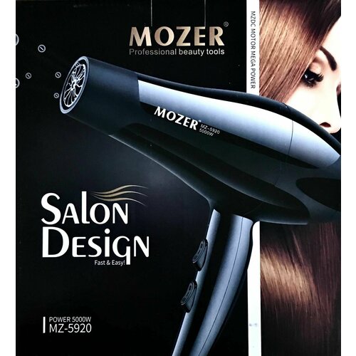 Фен для волос Mozer MZ-5920, 5000W, 3 температурных и 2 скоростных режима, провод 1.5м, черный, 1шт
