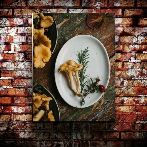 Постер "Грибы лисички на тарелке" Cool Eshe из коллекции "Природа", плакат А4 (29,7 х 21 см) для интерьера кухни или кафе