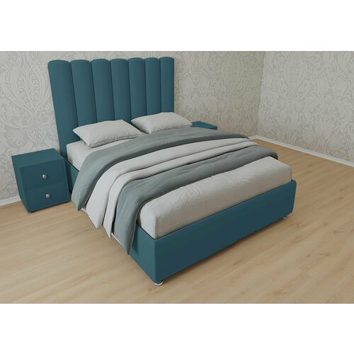 Двуспальная кровать Женева Нью 160x200 основание металлическое с ламелями велюр бирюзовый ножки 13 см хром