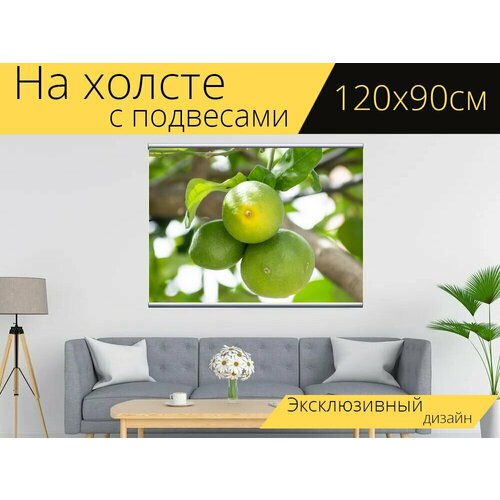 Картина на холсте "Лимон, фрукты, желтый" с подвесами 120х90 см. для интерьера