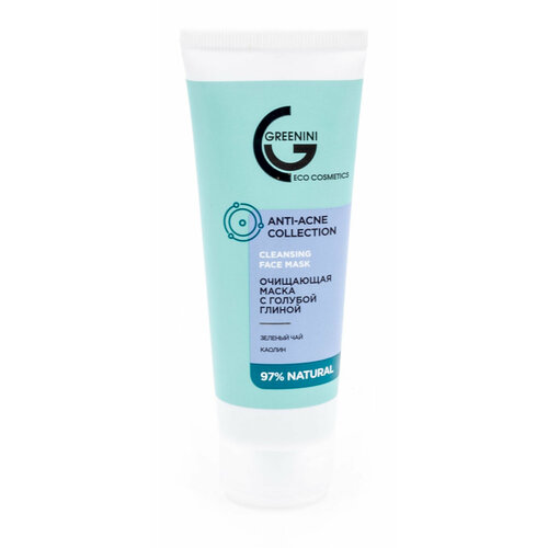 Greenini / Гринини Маска для лица очищающая Anti-acne collection для всех типов кожи любого возраста с голубой глиной 75мл / увлажняющее средство