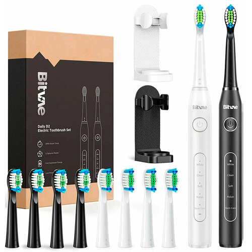 Набор из двух электрических зубных щеток Bitvae D2 Daily Toothbrush (2 подставки + 8 насадок + 2 колпачка для насадок) (D2+D2 Bundle B+W) GLOBAL 1x б