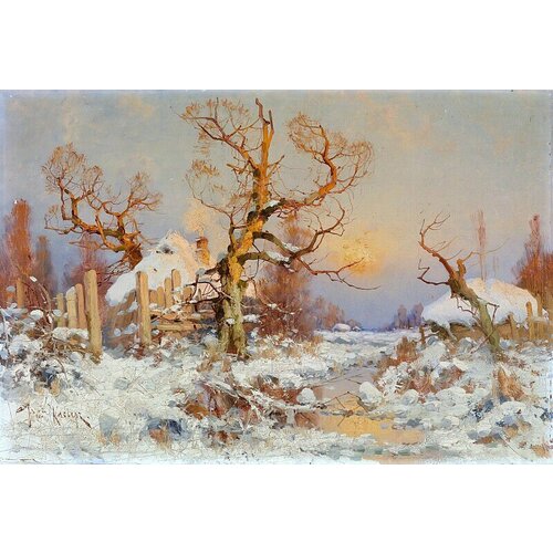 "Зимний пейзаж в лучах вечернего солнца", Клевер Ю. Ю, картина для интерьера (репродукция) (50х34 см / на подрамнике)