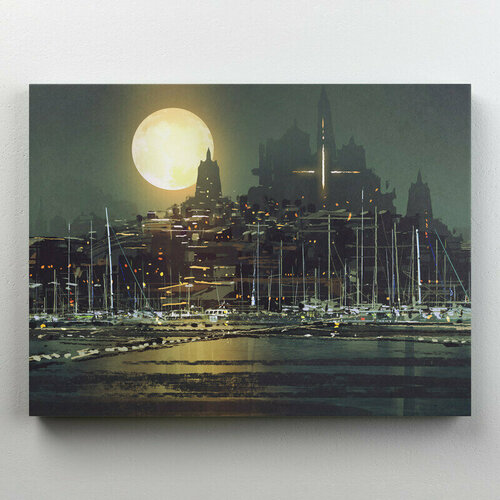 Интерьерная картина на холсте "Набережная с яхтами на фоне ночного города и полной луны" размер 40x30 см
