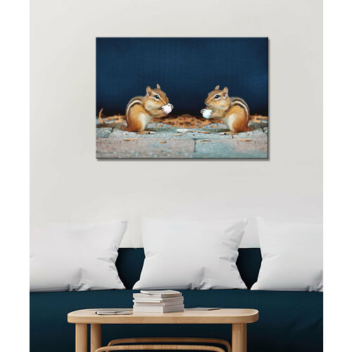 Картина - Бурундуки, бурундучки, два полосатых бурундука с чашками, милые бурундучки (5) 30х40