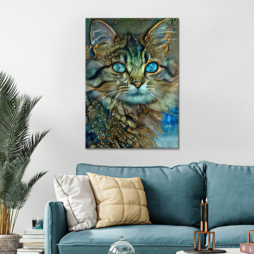Картина интерьерная - Кошка синяя яркая мозаика 50х70