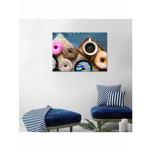 Картина на холсте с подрамником Разноцветыне пончики и кофе 60х80