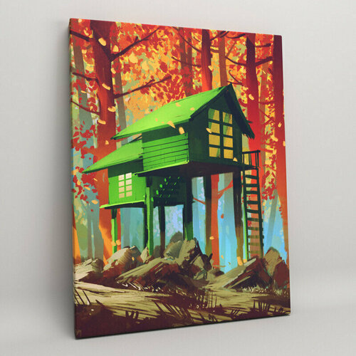 Картина на холсте (интерьерный постер) "Зеленый домик на дереве", с деревянным подрамником, размер 30x40 см