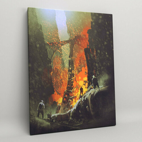 Картина на холсте (интерьерный постер) "Зомби на фоне горящего поезда", с деревянным подрамником, размер 45x60 см