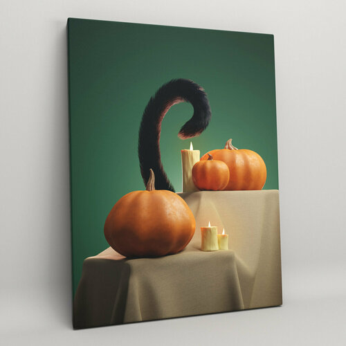Картина на холсте (интерьерный постер) "Натюрморт - тыквы на столе", с деревянным подрамником, размер 30x40 см