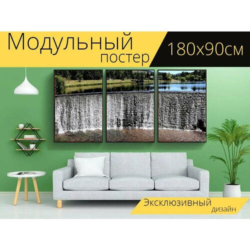 Модульный постер "Плотина, каскад, пруд" 180 x 90 см. для интерьера