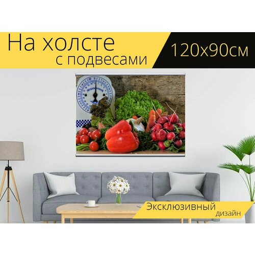 Картина на холсте "Салат, помидоры, редис" с подвесами 120х90 см. для интерьера