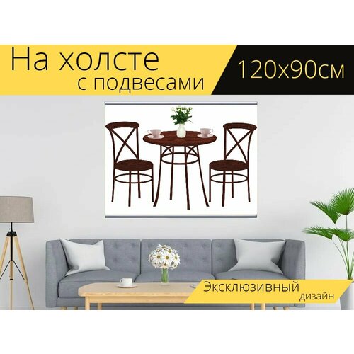 Картина на холсте "Обеденный стол, стулья, кофе" с подвесами 120х90 см. для интерьера