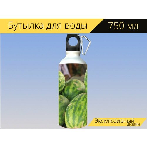 Бутылка фляга для воды "Арбузы, фрукты, свежий" 750 мл. с карабином и принтом