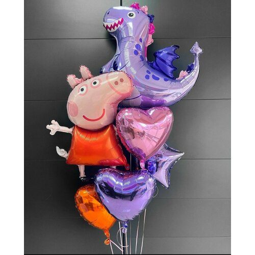 Фонтан из фольгированных воздушных шаров «Свинка Пеппа и дракон»