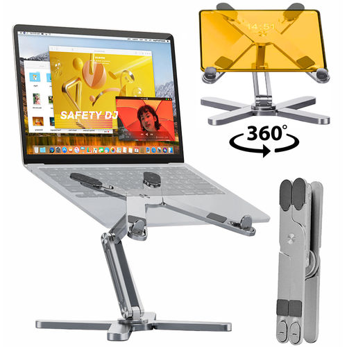 Подставка для ноутбука и планшета Safety DJ складная алюминиевая с вращением на 360 градусов, регулировкой высоты и угла наклона (серебристая)