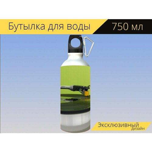 Бутылка фляга для воды "Диск, магнитофон, винил" 750 мл. с карабином и принтом