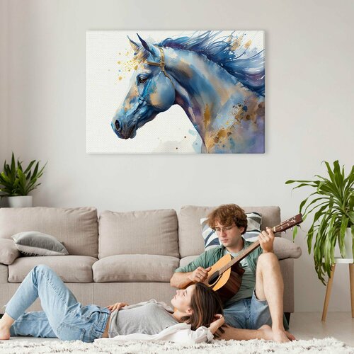 Картина на холсте для интерьера - Голубая красивая лошадь, акварель 50х70 см