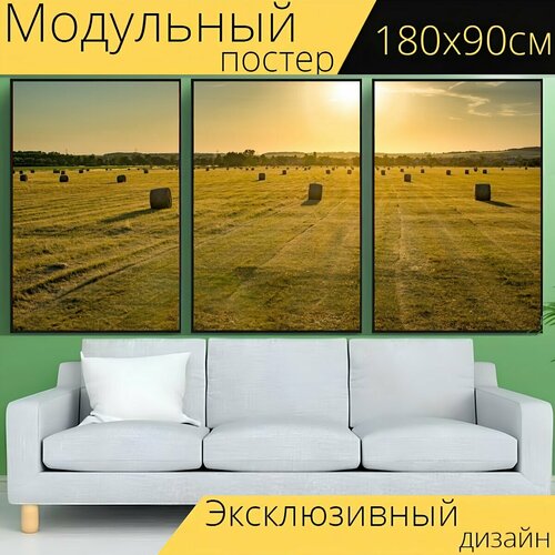 Модульный постер "Поле, ферма, пейзаж" 180 x 90 см. для интерьера