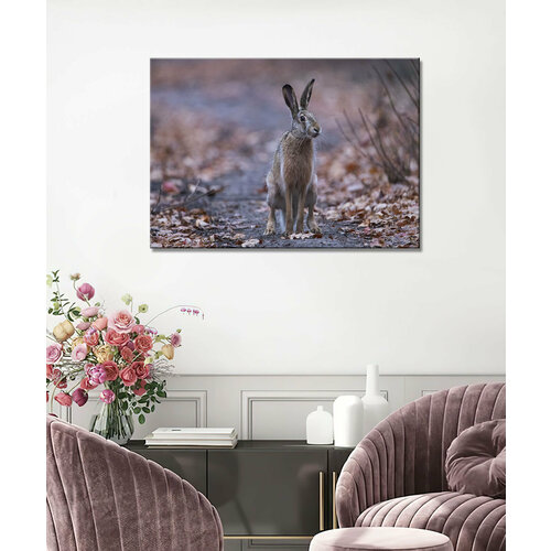 Картина - Заяц, зайцы, зайчонок, зайка, ушастый заяц, пушистый заяц, заяц в лесу, заяц осенью (2) 20х30