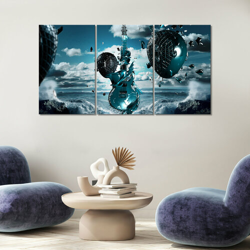 Модульная картина/Модульная картина на холсте/Модульная картина в спальню/Модульная картина в подарок - Синяя гитара шарики и океан 90х50