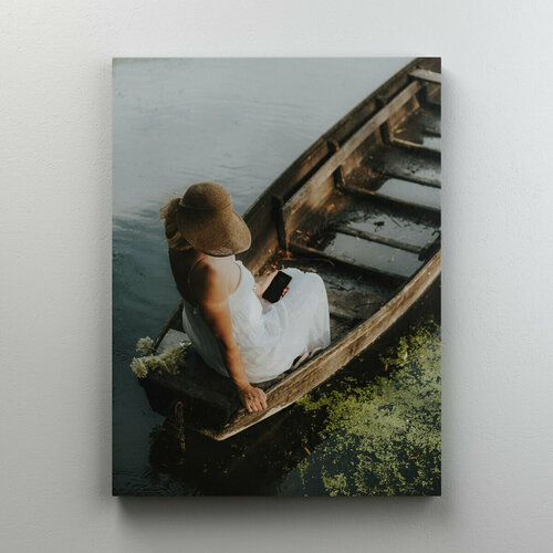 Интерьерная картина на холсте "Девушка в лодке" в скандинавском стиле, размер 22x30 см