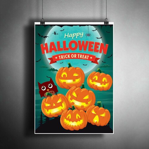 Постер плакат для интерьера "Подарок на вечеринку Хэллоуин. Тыквы. Happy Halloween" / Декор дома, офиса, комнаты, квартиры, детской A3 (297 x 420 мм)