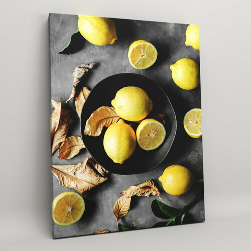 Картина на холсте (интерьерный постер) "Лимоны на кухне" для кухни, кафе и ресторанов, с деревянным подрамником, размер 45x60 см