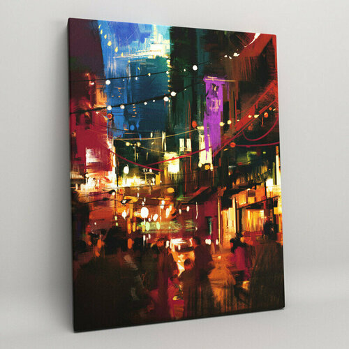 Картина на холсте (интерьерный постер) "Торговый квартал в огоньках", с деревянным подрамником, размер 22x30 см