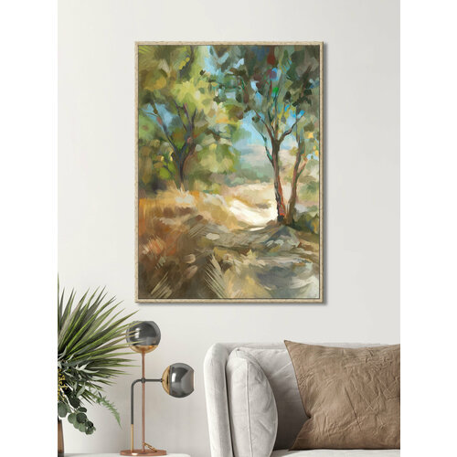 Картина на стену для интерьера "Летний полдень", 53х73 см, большая вертикальная, на холсте бумажном, в раме, природа/Графис