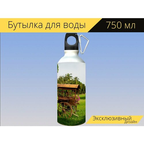 Бутылка фляга для воды "Деревянный, тележка, зеленый" 750 мл. с карабином и принтом