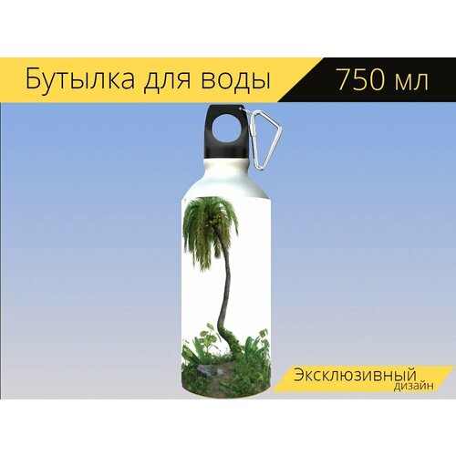 Бутылка фляга для воды "Тропический, ладонь, дерево" 750 мл. с карабином и принтом