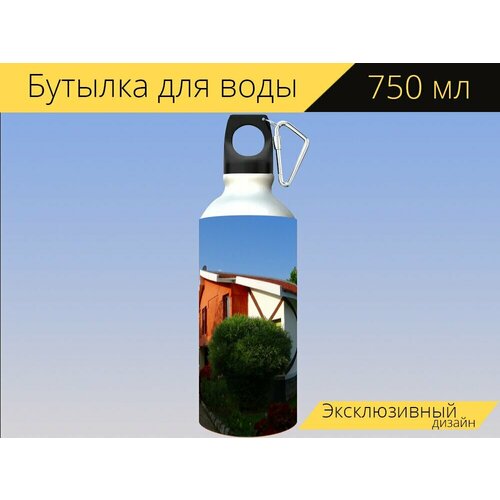 Бутылка фляга для воды "Коттедж, лес, праздничный день" 750 мл. с карабином и принтом