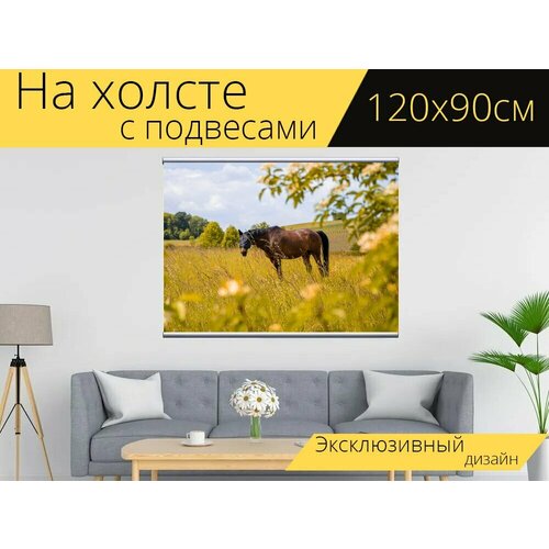 Картина на холсте "Лошадь, лошади, природа" с подвесами 120х90 см. для интерьера