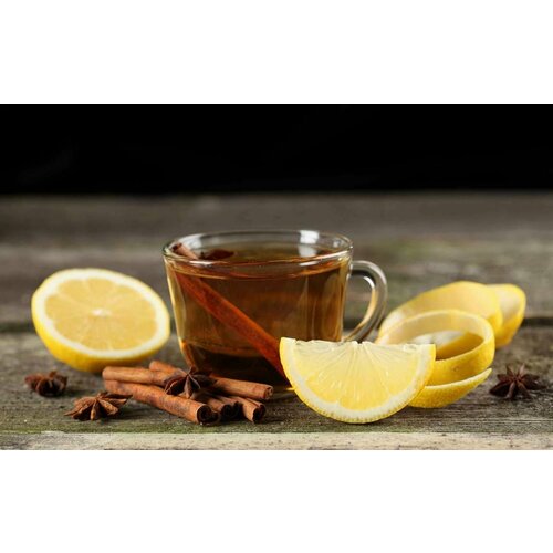 Картина на холсте 60x110 LinxOne "Лимон, чай, корица, чашка" интерьерная для дома / на стену / на кухню / с подрамником