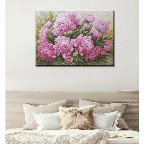 Интерьерная картина на холсте в гостиную, спальню, прихожую, кухню, офис/постер на стену/ Розовые пионы маслом, цветы пионы в нежных тонах 40х60