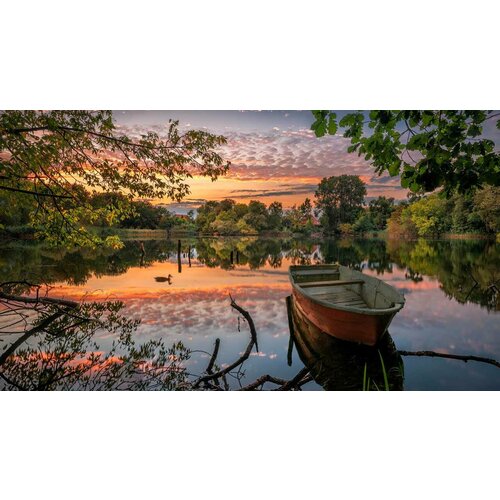 Картина на холсте 60x110 Альянс Лес "Закат озеро пейзаж отражение" на подрамнике / интерьер/ декор