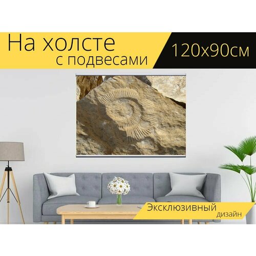 Картина на холсте "Ископаемое, аммонит, рок" с подвесами 120х90 см. для интерьера