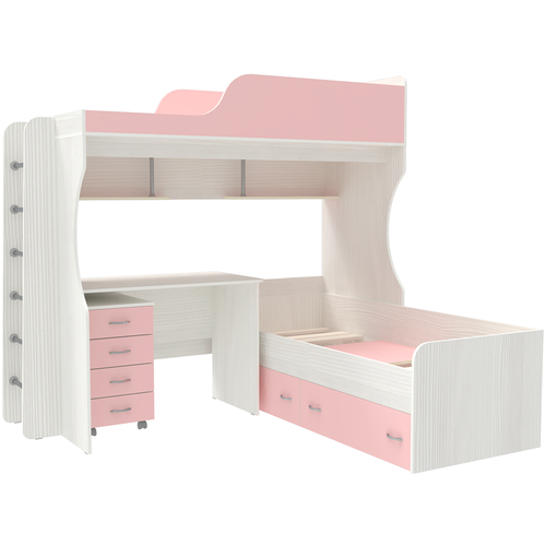 Двухъярусная кровать Дуэт-5 с металлической лестницей Белое Дерево Розовый
