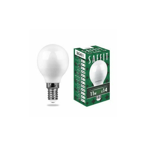 Светодиодная LED лампа Saffit шар G45 E14 11W(905lm) 6400K 6K матовая, пластик 80x45 SBG4511 55140 (упаковка 25 штук)