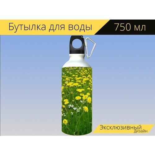 Бутылка фляга для воды "Луг, весна, одуванчик" 750 мл. с карабином и принтом