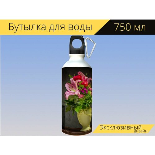 Бутылка фляга для воды "Букет, цветочная композиция, ботаника" 750 мл. с карабином и принтом