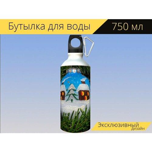 Бутылка фляга для воды "Пуля, ручная роспись, игрушки на елку" 750 мл. с карабином и принтом
