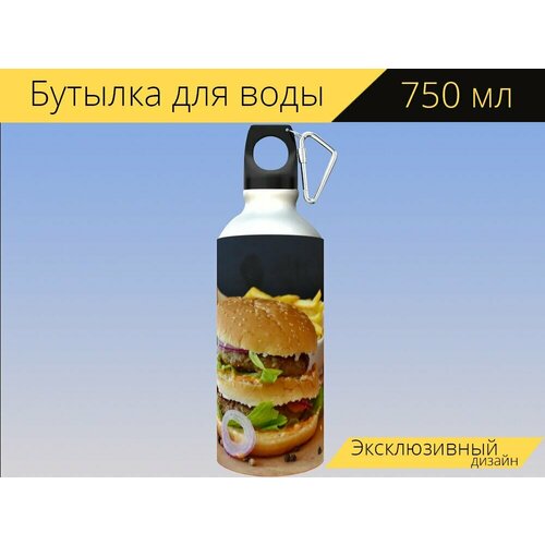 Бутылка фляга для воды "Бургер, гамбургер, булочка" 750 мл. с карабином и принтом