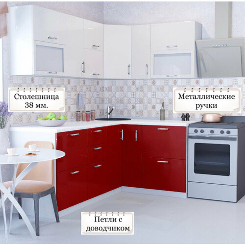 Угловая кухня Ксения МДФ, 2,1х2,1 м. Белый глянец/Красный глянец