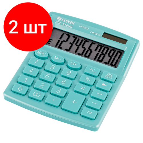 Комплект 2 шт, Калькулятор настольный Eleven SDC-810NR-GN, 10 разрядов, двойное питание, 127*105*21мм, бирюзовый