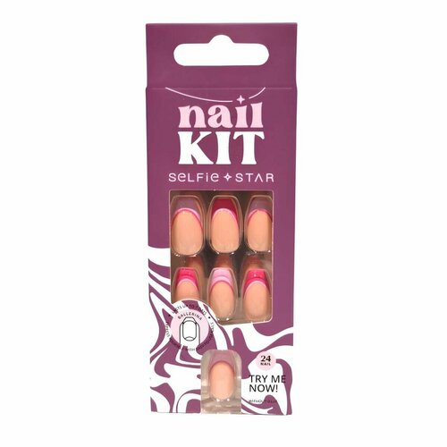 Набор накладных ногтей без клея Розовый френч, короткая длина Selfie Star Nails kit without glue Pink French, short length SSNK4008, 24 шт