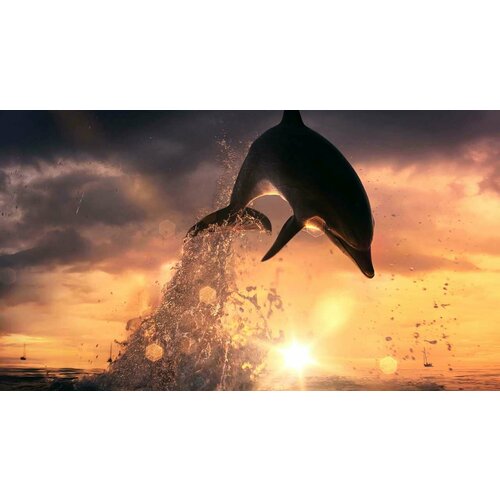 Картина на холсте 60x110 LinxOne "Дельфины Брызги животное" интерьерная для дома / на стену / на кухню / с подрамником