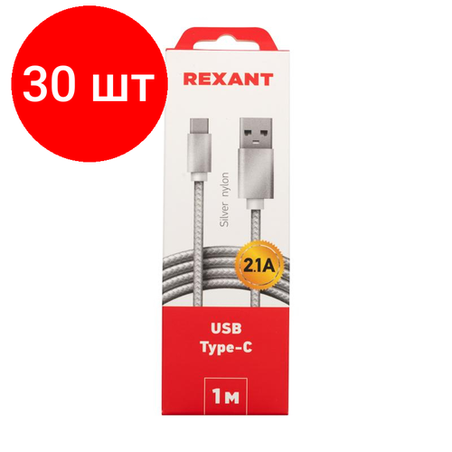 Комплект 30 штук, Кабель USB 2.0 - USB Type-C, М/М, 1 м, Rexant, сереб, 18-1899